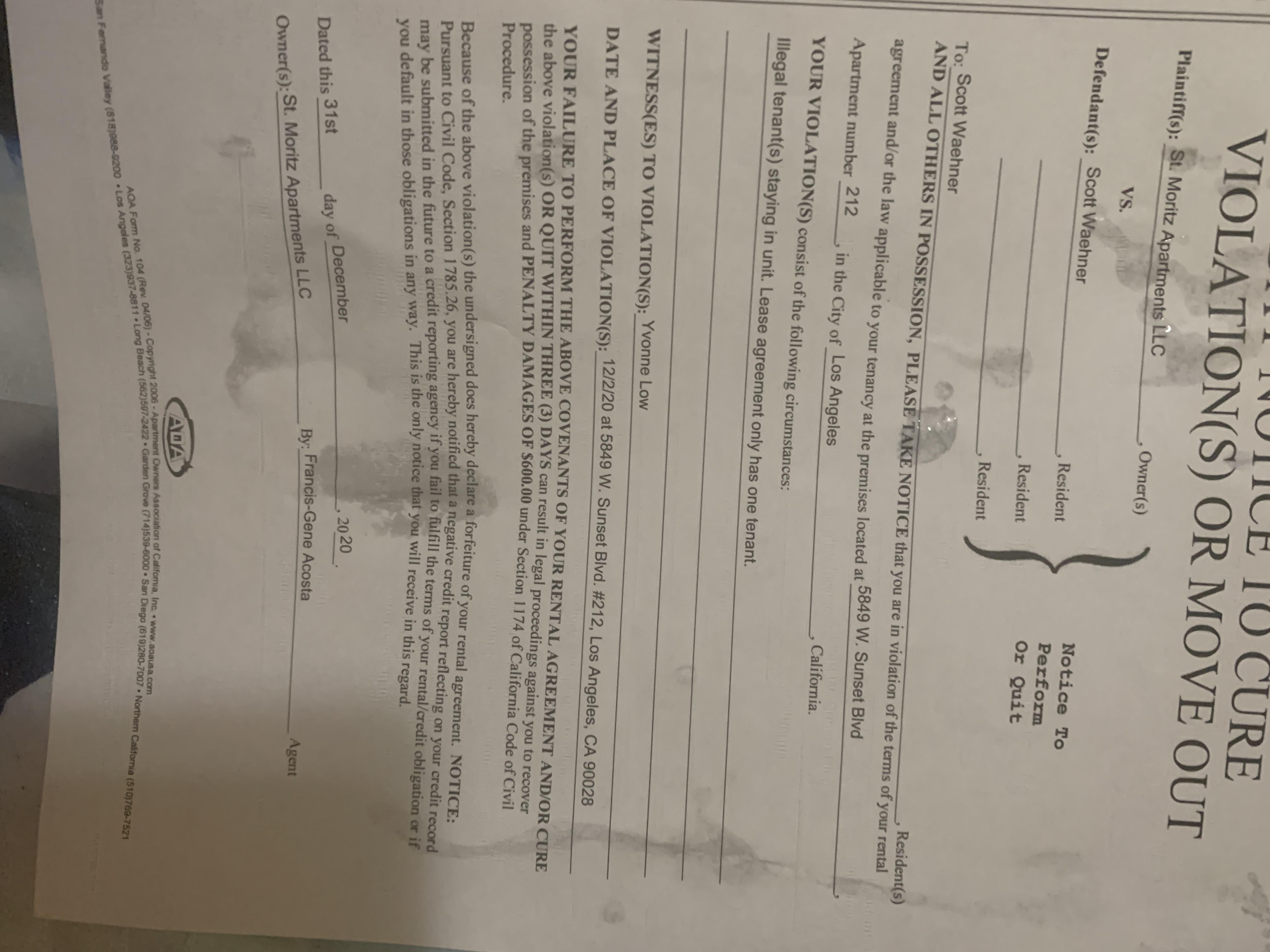 Yvonne Lowe 3 day Notice at Winstar Properties